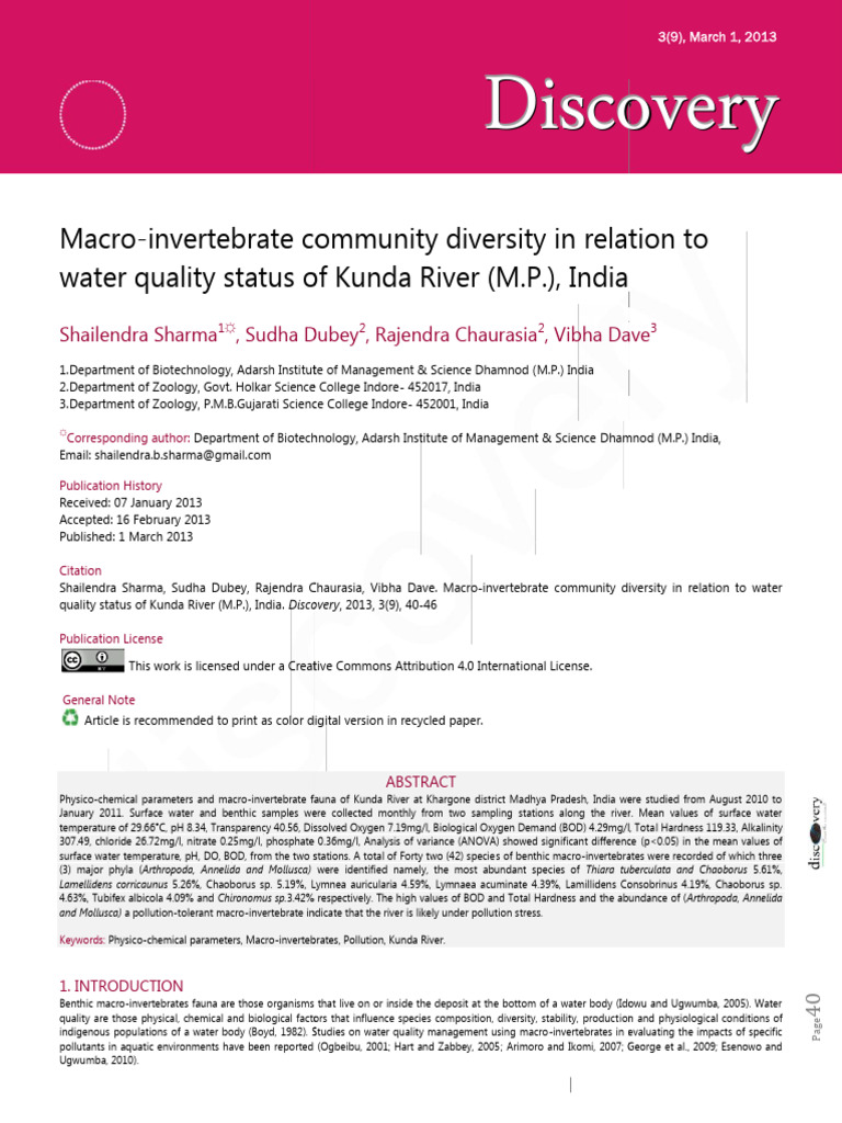 Macro-Invertebrate Community Diversity in Relation To Water Quality ...