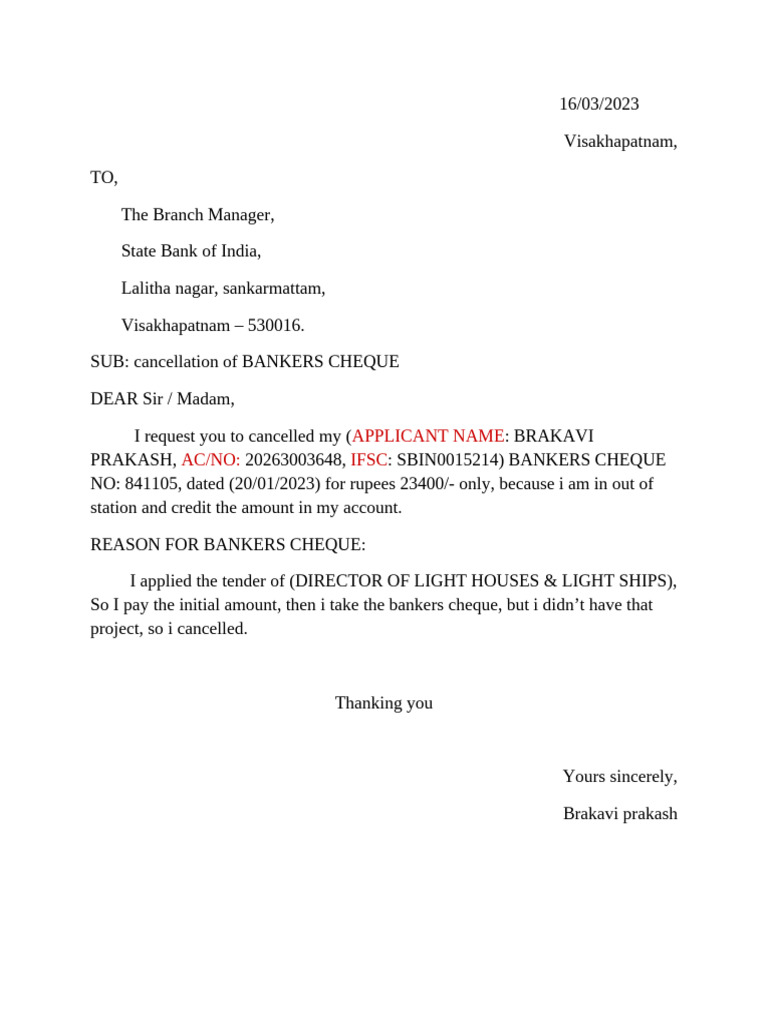 Cancellation Letter For Bankers Cheque | PDF