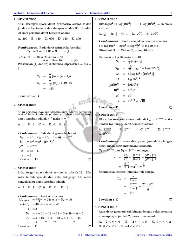 PDF Pembahasan Soal Sbmptn Barisan Dan Deret Bilangan Compress | PDF