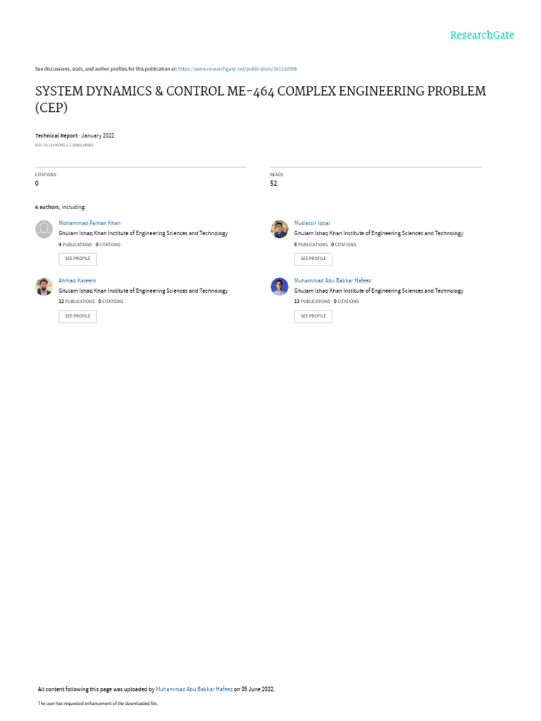 SYSTEM DYNAMICS & CONTROL ME-464 COMPLEX ENGINEERING PROBLEM (CEP) | PDF | Control Theory ...