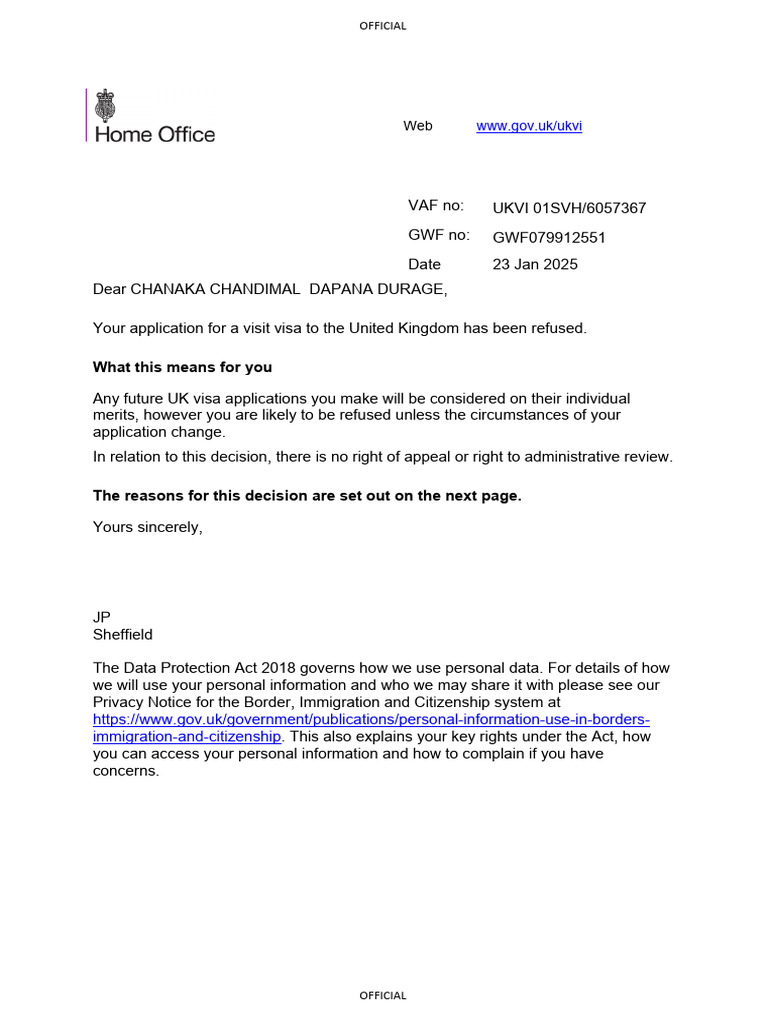 UK Visit Visa Refusal Notice | PDF | Travel Visa | Justice
