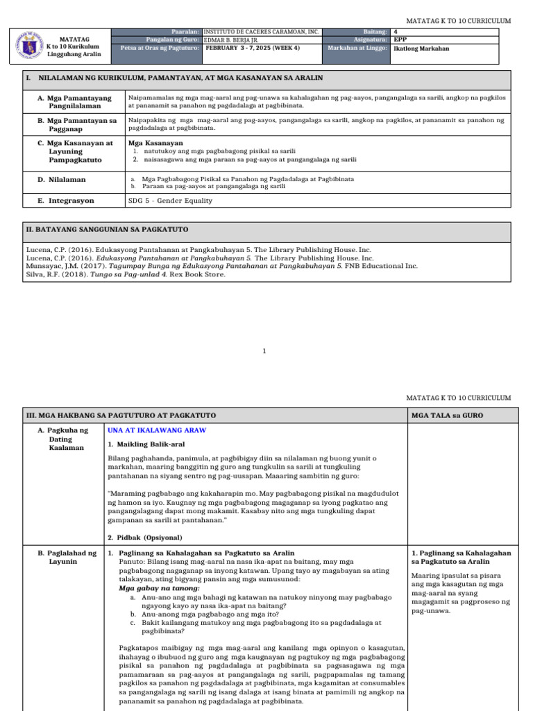 DLL Matatag - Epp 4 q3 w4 | PDF