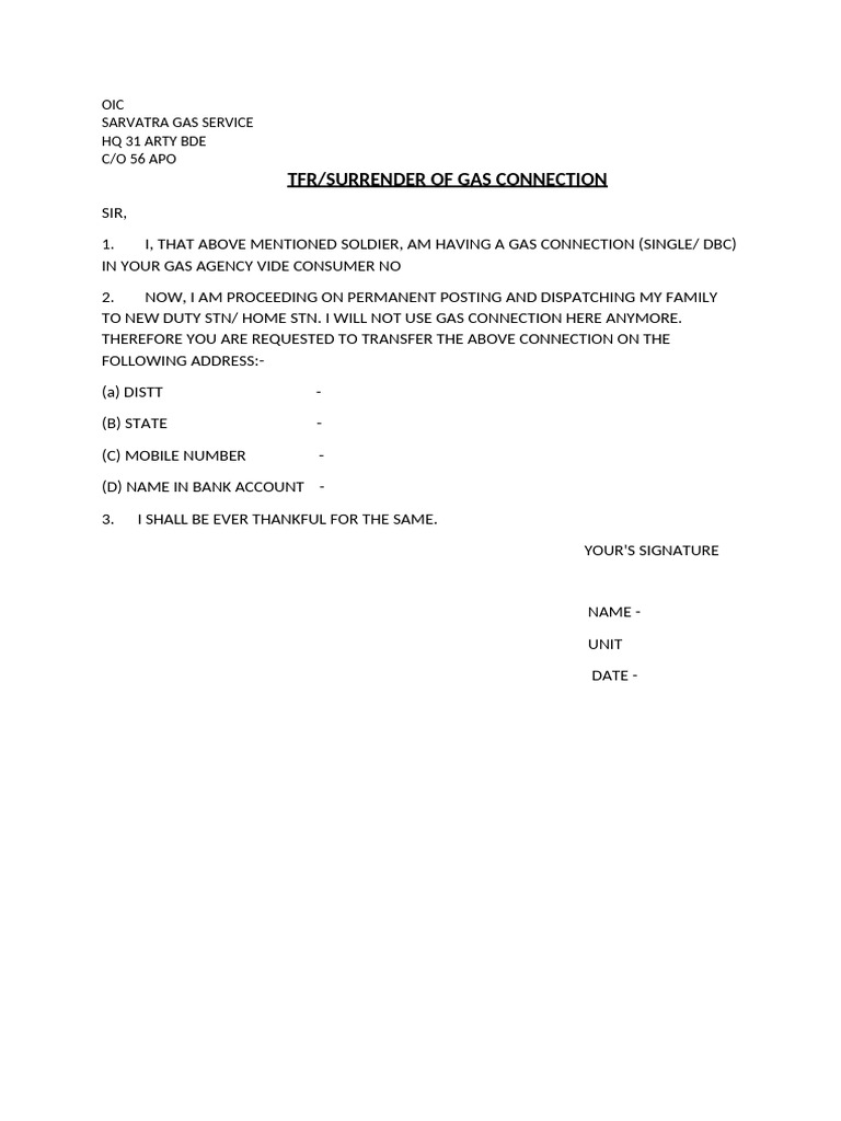 Tfr/Surrender of Gas Connection: OIC Sarvatra Gas Service HQ 31 Arty Bde C/O 56 Apo | PDF