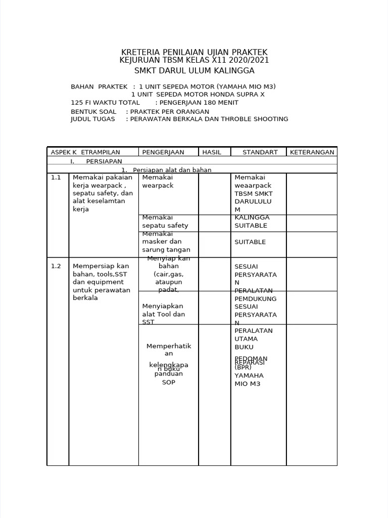 penilaian praktek kejuruan tbsm | PDF
