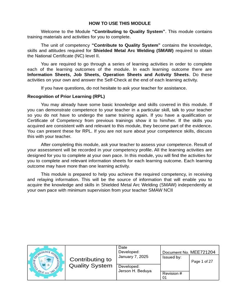 Contributing To Quality System | PDF | Quality Management System | Welding