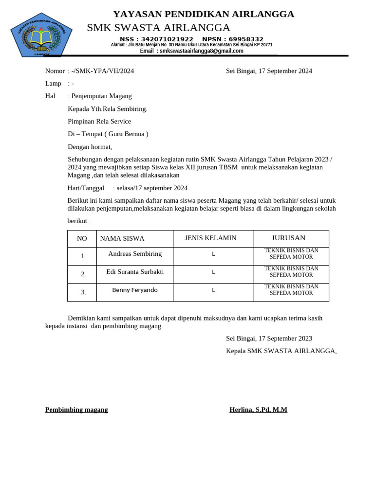 Penjemputan Siswa Magang SMK Airlangga | PDF