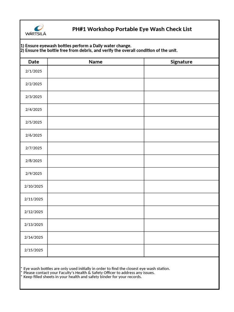 Portable Eye Wash Checklist | PDF