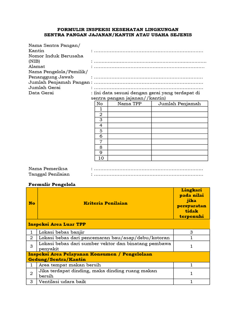 Form Ikl Sentra Pangan Jajanan Kantin Atau Usaha Sejenis | PDF