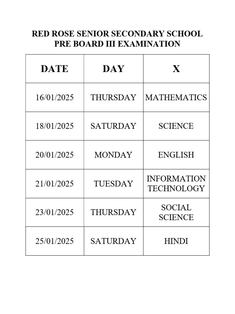 Pre Board III Examination Schedule PDF | PDF
