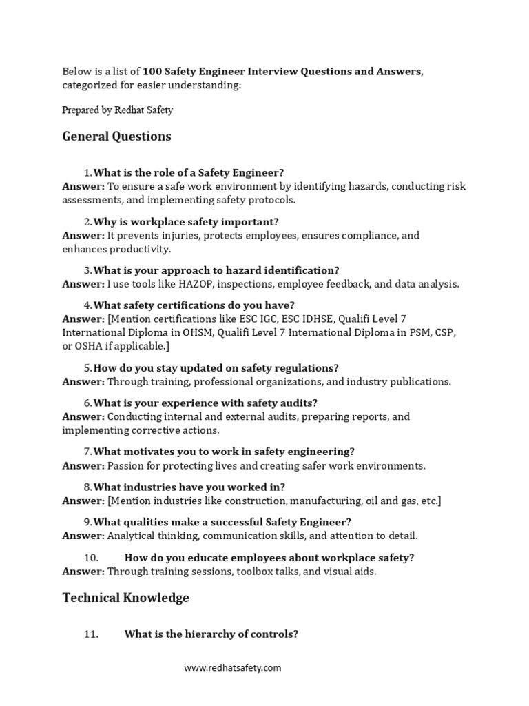 Safety Engineer Interview Q&A Guide | PDF | Occupational Safety And ...