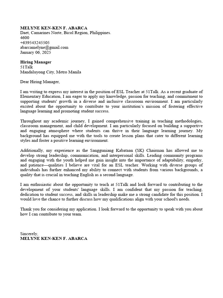 Melyne Ken-Ken F. Abarca Cover Letter | PDF