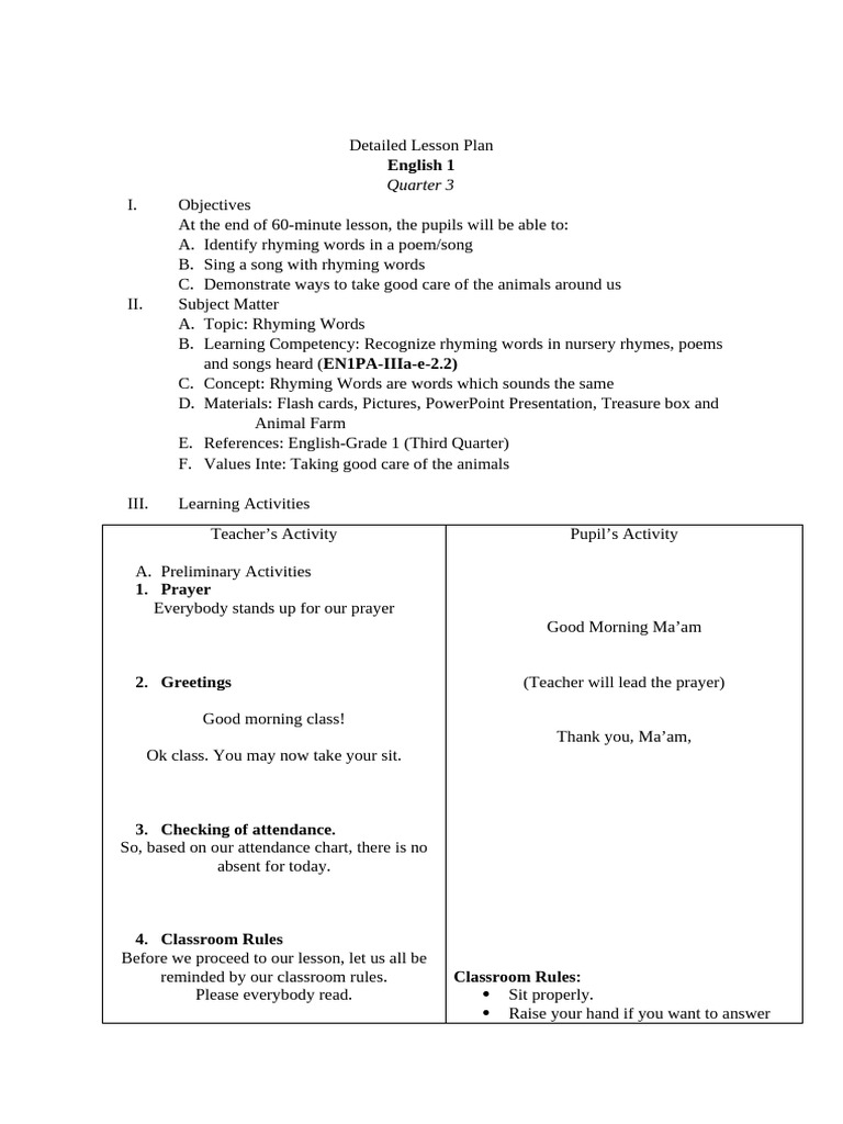 Rhyming Words Lesson Plan for Grade 1 | PDF | Lesson Plan