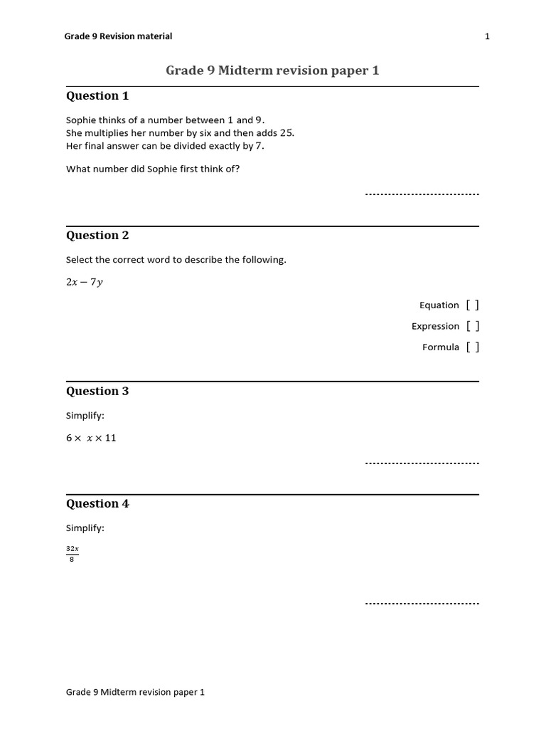 Grade 9 Midterm Revision Paper 1 | PDF | Mathematics | Mathematical Objects