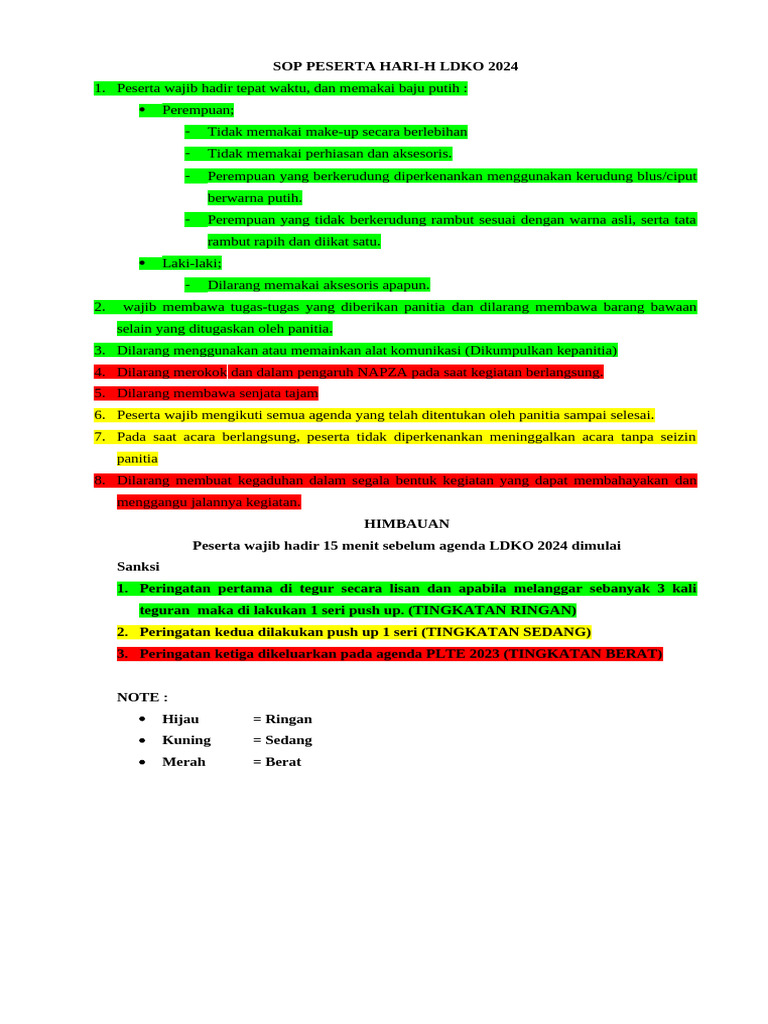 Sop Peserta Hari - H Ldko 2024 | PDF