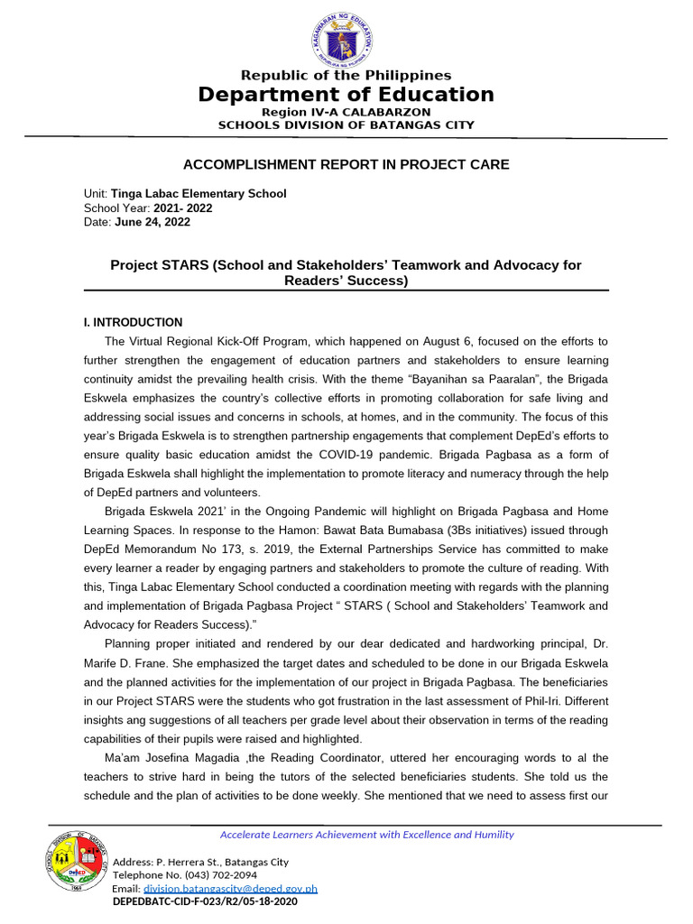 Project STARS Accomplishment Report 2022 | PDF | Phonics | Literacy