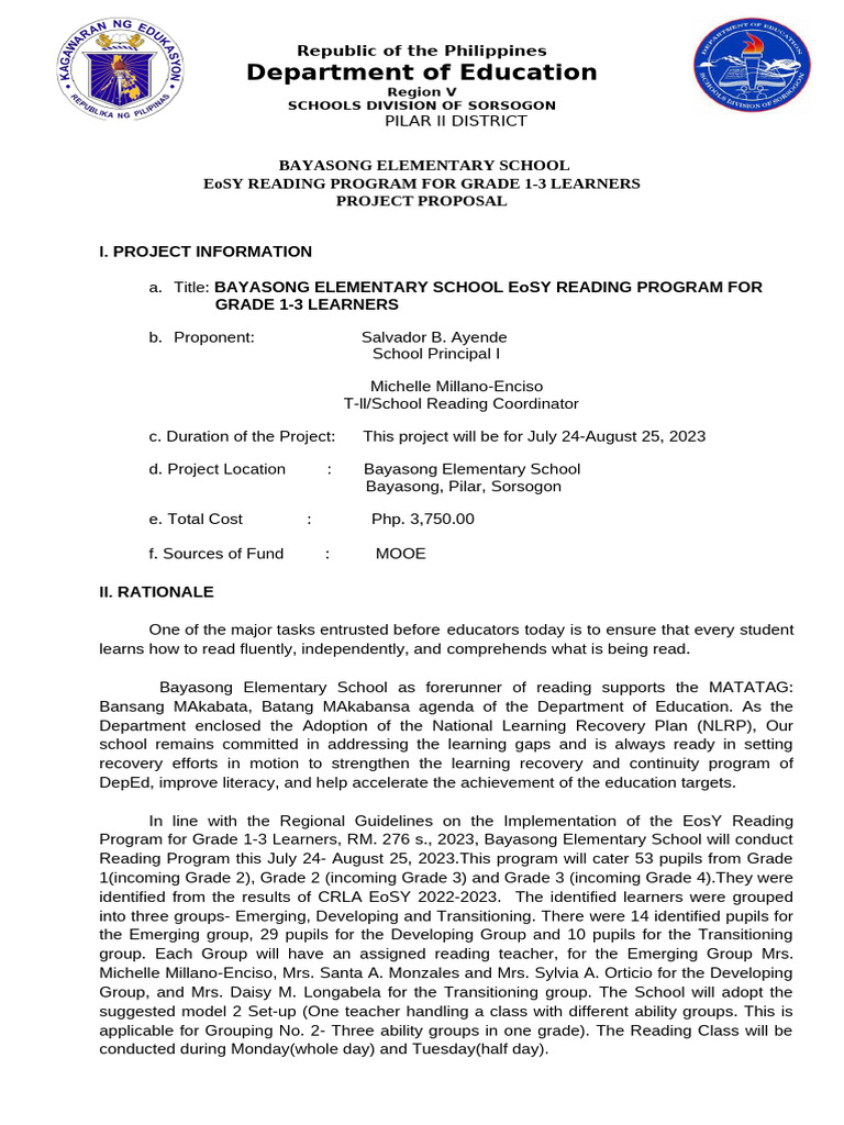 BAYASONG ELEMENTARY SCHOOL EoSY READING PROGRAM FOR GRADE 1-3 LEARNERS | PDF | Literacy | Learning
