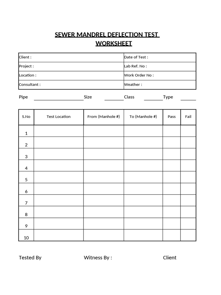 Sewer Mandrel Deflection Test Worksheet | PDF