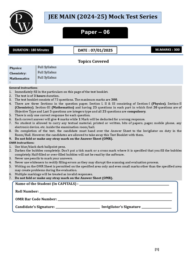 JEE MAIN Mock Test Series - Paper - 06 - Question | PDF | Electromagnetism