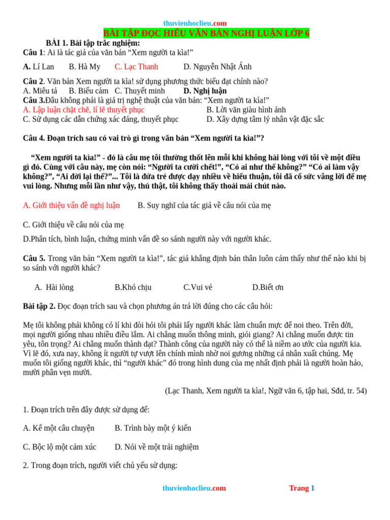 Bai Tap Doc Hieu Van Ban Nghi Luan Lop 6 | PDF