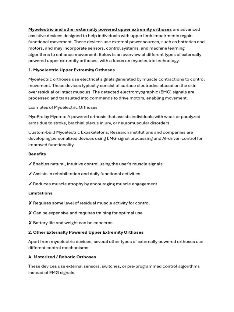 Myoelectric and Other Externally Powered Upper Extremity Orthoses | PDF ...
