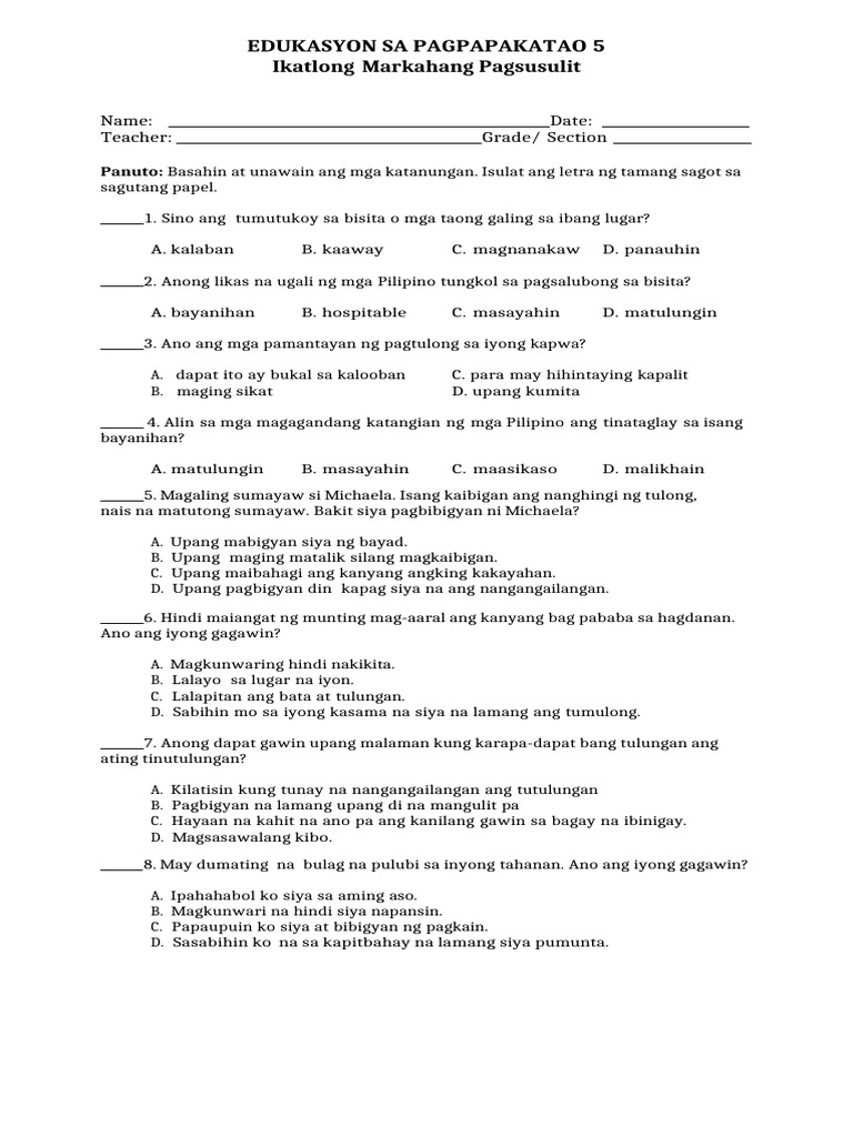 ESP Grade 5 Q3 PT | PDF