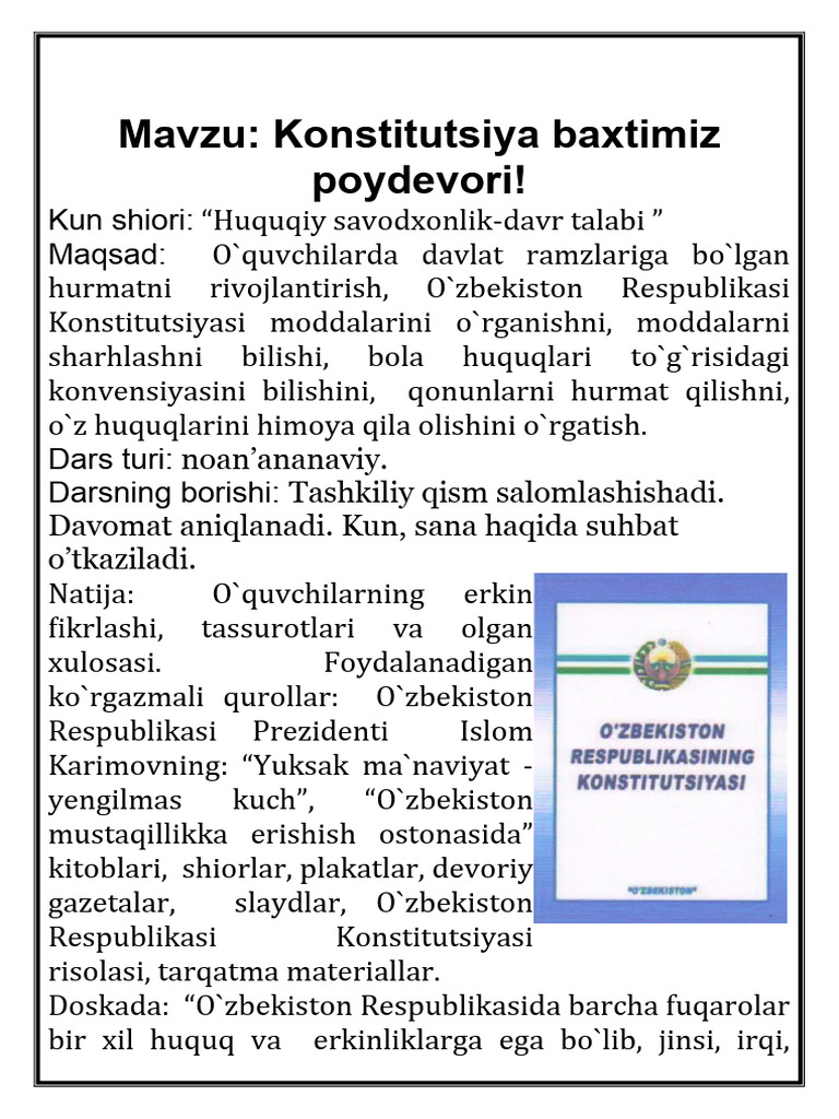 Konstitutsiya Baxtimiz Poydevori Dars Ishlanmasi | PDF