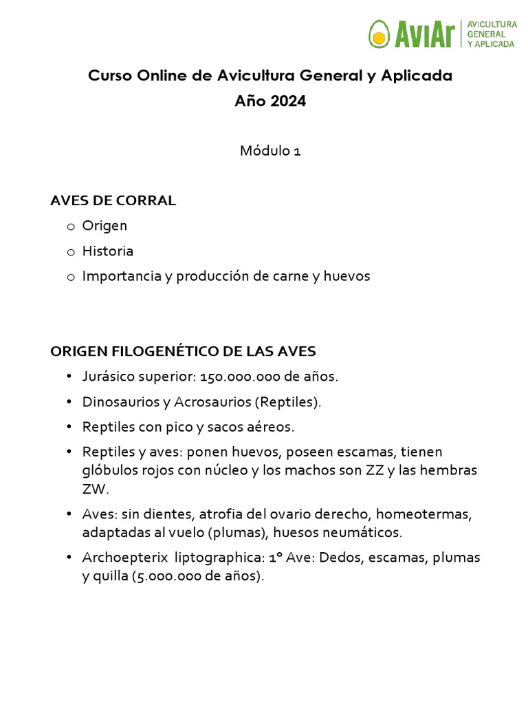 Módulo1 Avicultura General y Aplicada 2024 | PDF | Aves | Pollo
