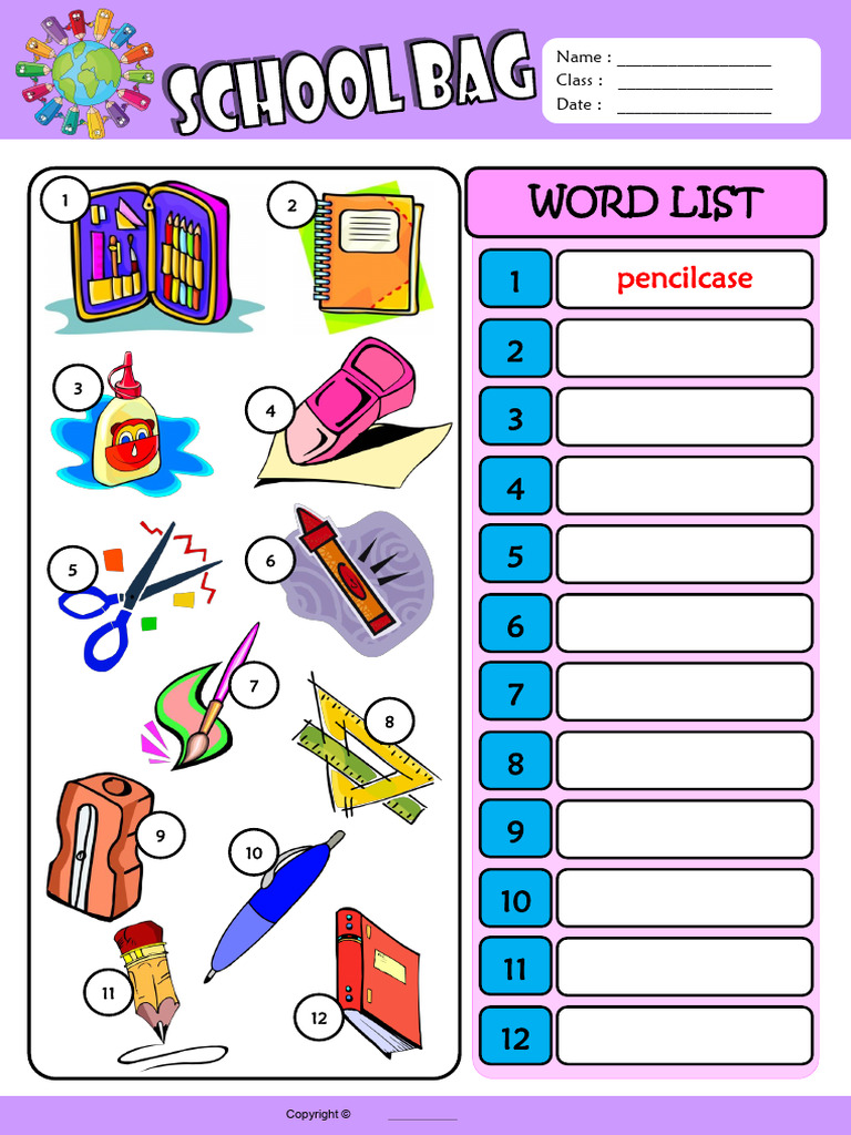 In My Schoolbag Esl Vocabulary Write the Words Worksheet for Kids | PDF