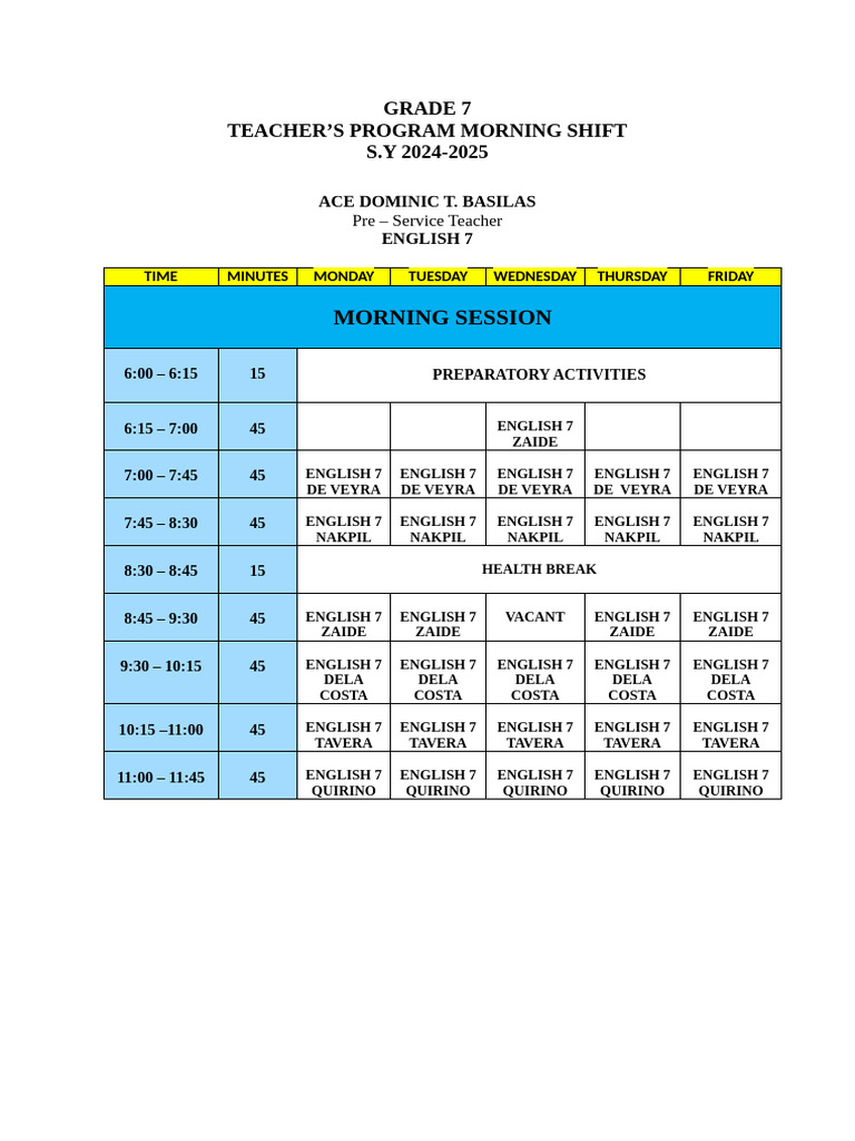 Grade 7 Schedule | PDF