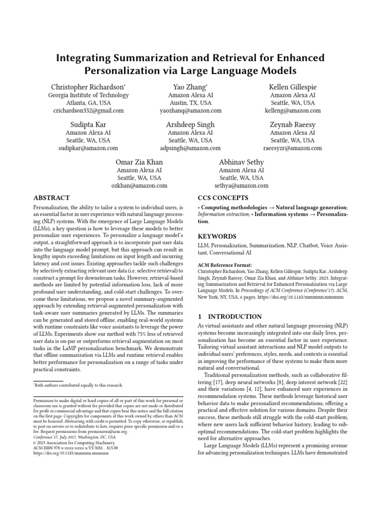 Integrating Summarization and Retrieval For Enhanced Personalization Via Large Language Models ...