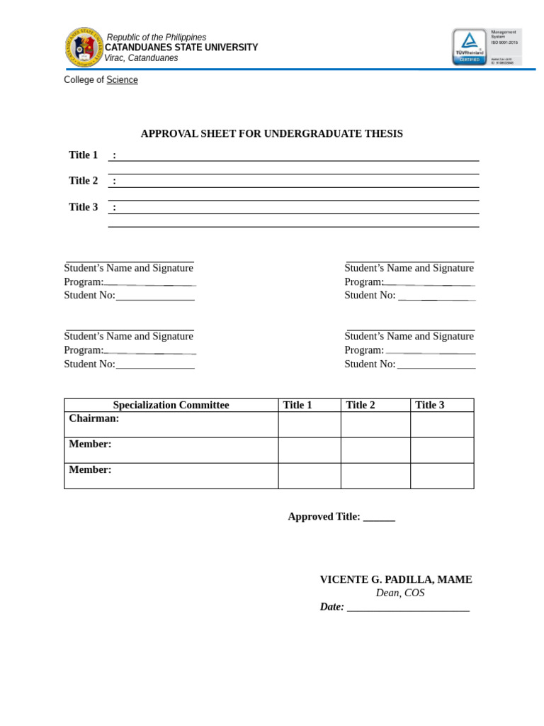 Approval Sheet For Undergraduate Thesis With Rationale 1 | PDF