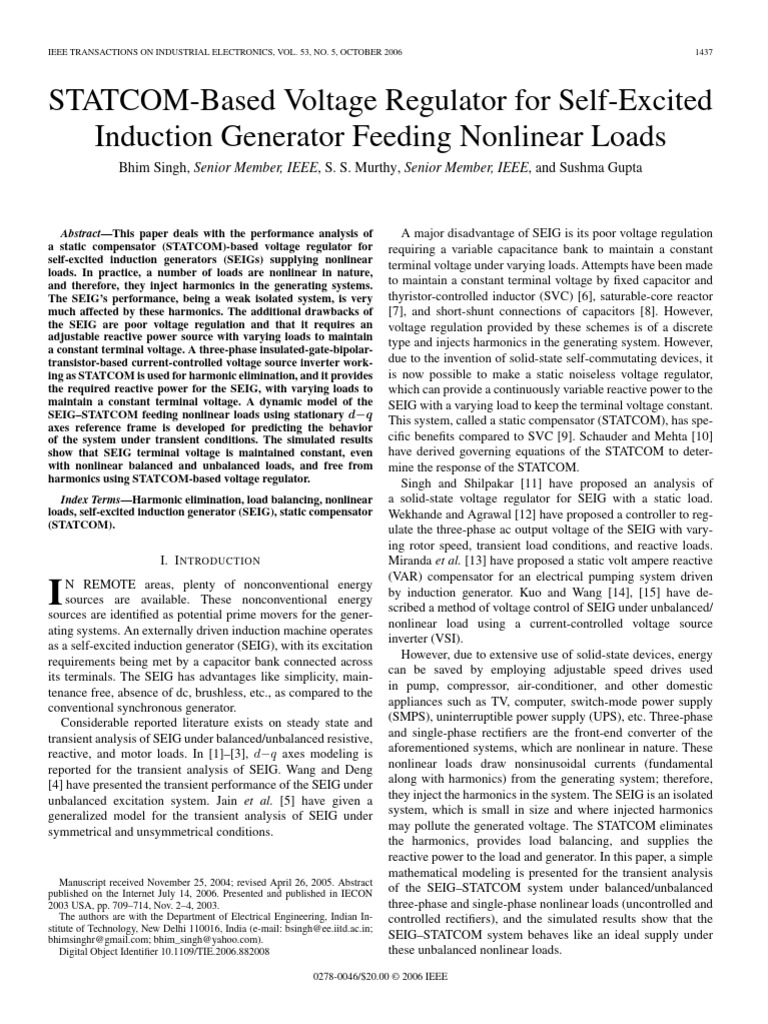 Statcom Based Voltage Regulator For Self Excited Induction Generator Feeding Nonlinear Loads