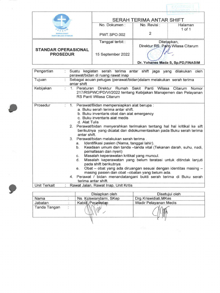 PWT. SPO. Serah Terima Antar Shift | PDF