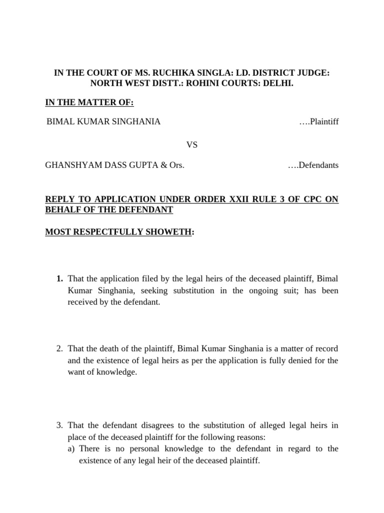 Reply to CPC Order 22 Rule 3 Application | PDF