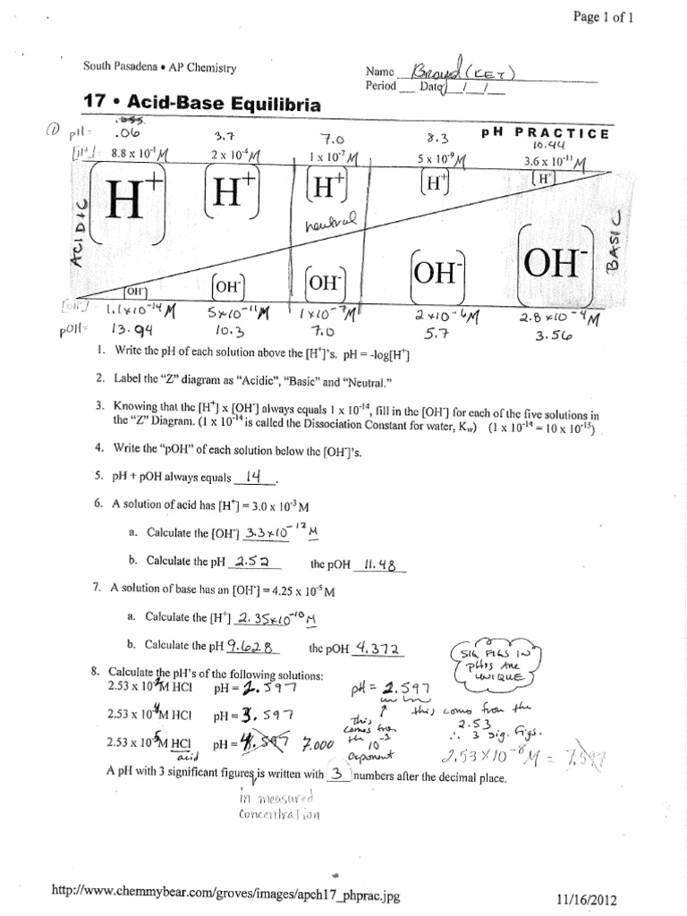 Acid Base Equlib WKSH #1 Answer KEY | PDF
