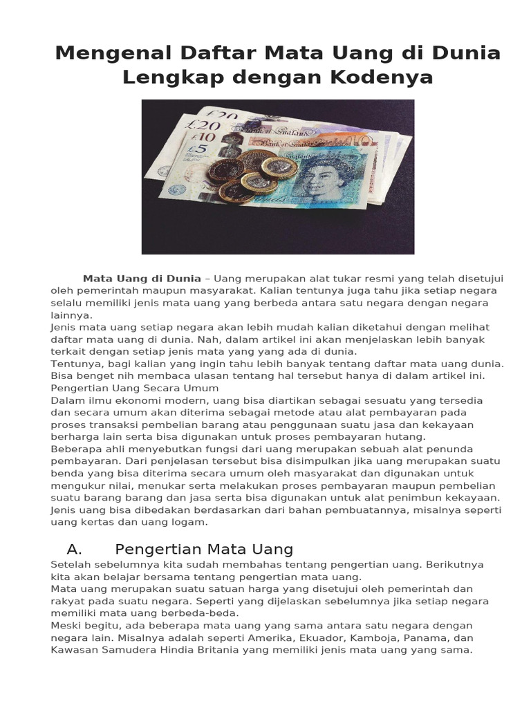 Mengenal Daftar Mata Uang Di Dunia Lengkap Dengan Kodenya | PDF