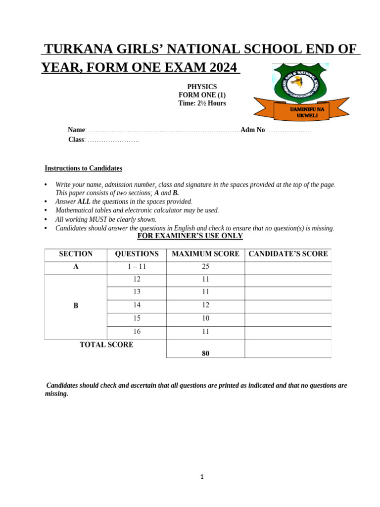 Form 1 Endyear Exams - Ekaale | PDF | Pressure | Applied And ...