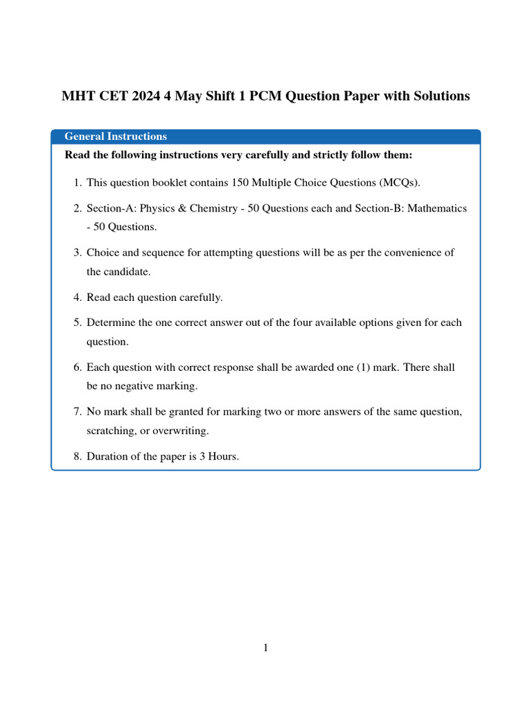MHT CET 2024 PCM Question Paper & Solutions | PDF | Gases | Harmonic
