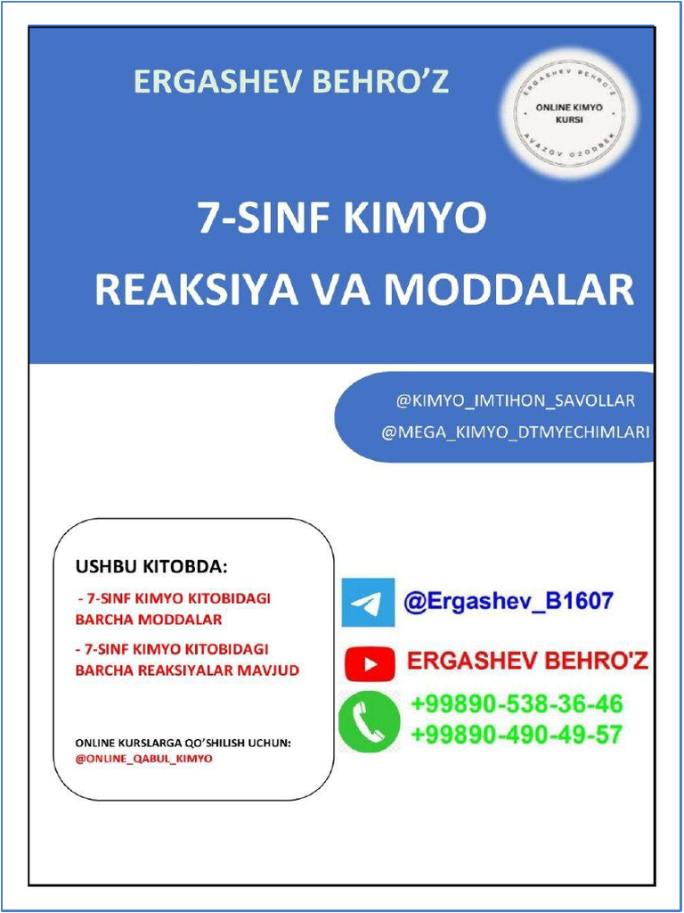 7-Sinf Kimyo Savollari | PDF