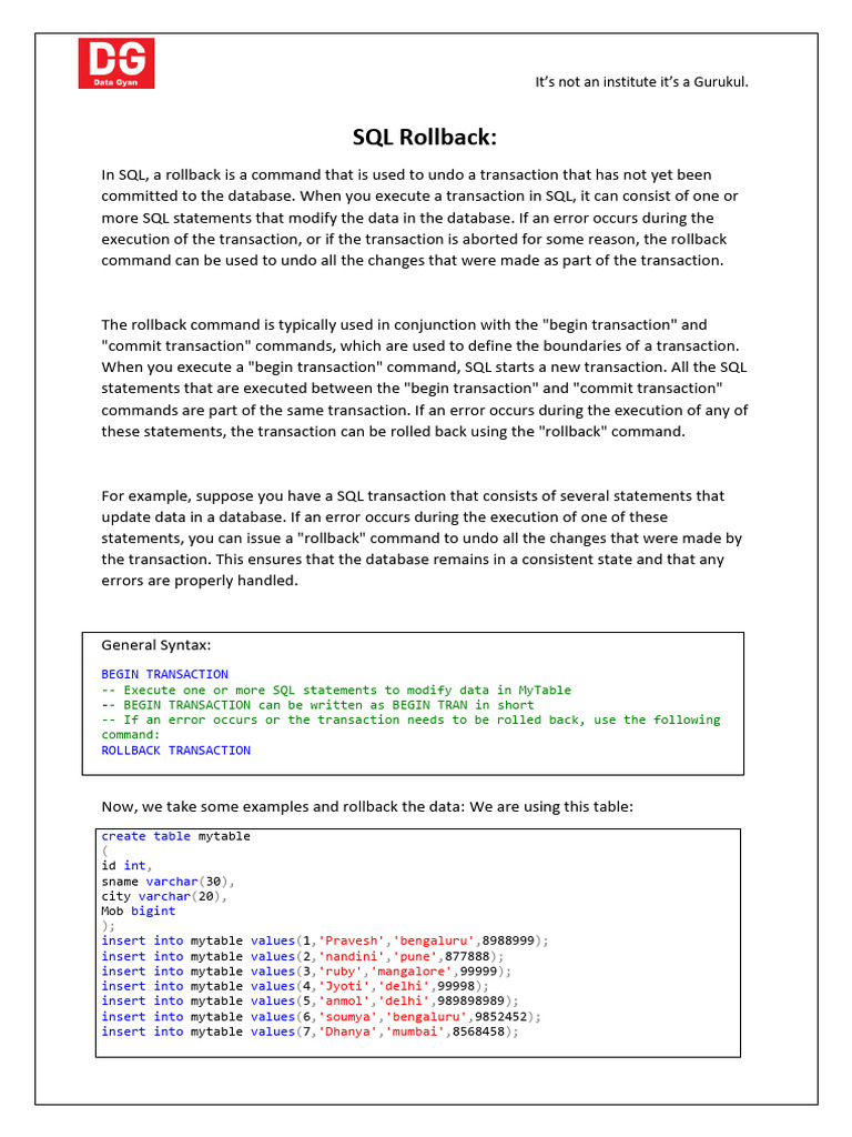 SQL Rollback and Join Examples | PDF | Database Transaction | Sql