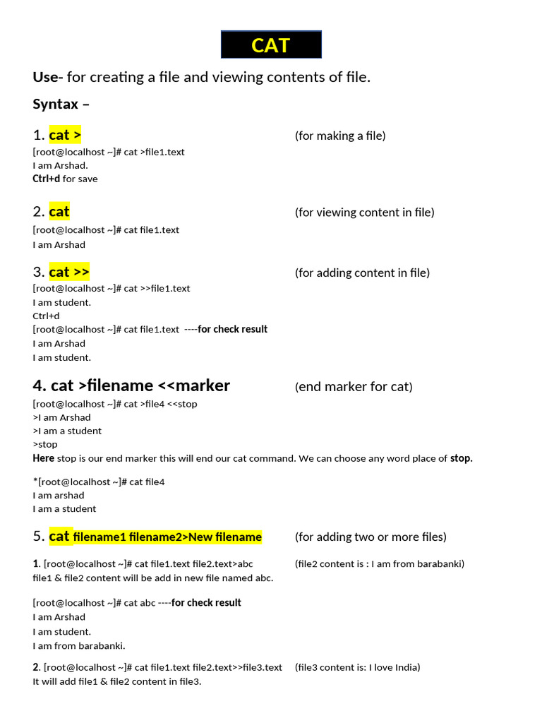 Use-Syntax - Cat : For Creating A File and Viewing Contents of File | PDF | Unix | System Software