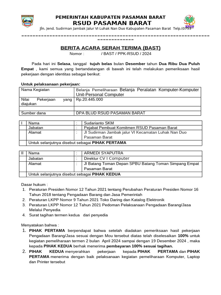 8 BA Serah Terima BAST Penyedia Ke PPK | PDF