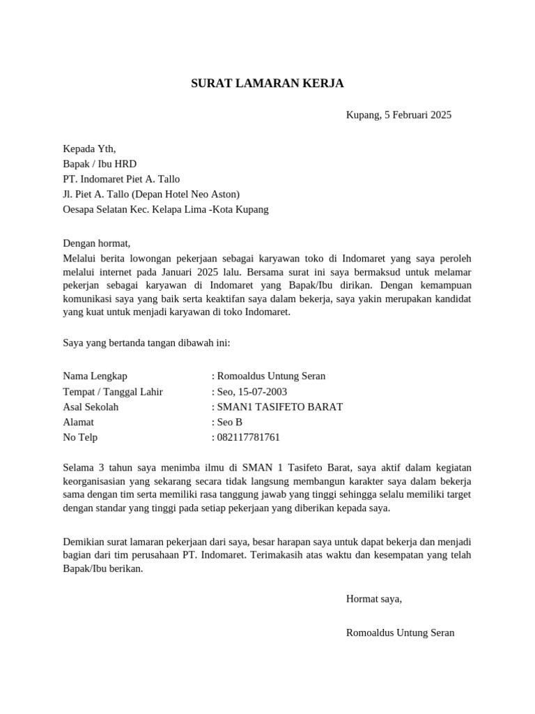 Surat Lamaran Kerja Roni | PDF