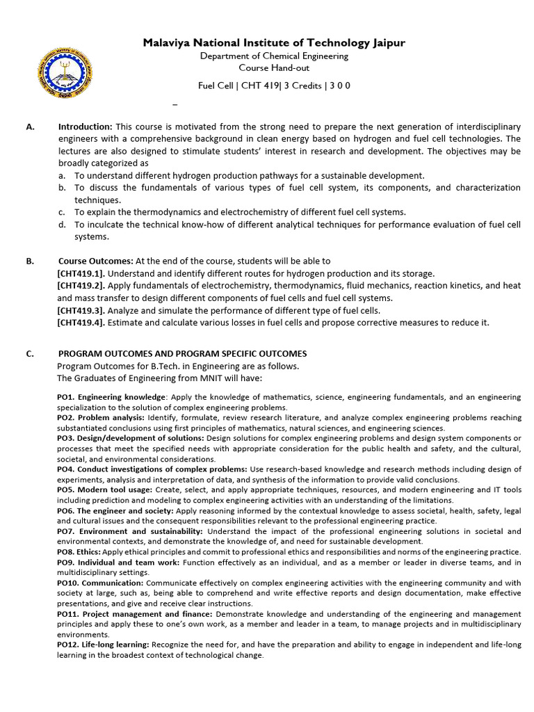 Course Handouts_Fuel Cell_CHT419_2024-25 | PDF | Fuel Cell | Engineering