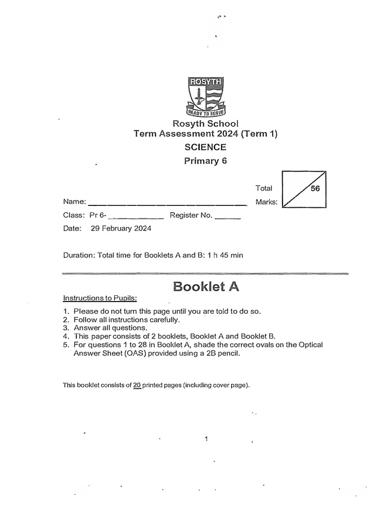 P6 Science WA1 2024 Rosyth Exam Papers | PDF
