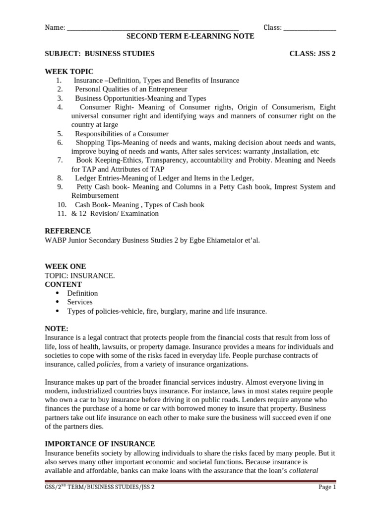 Second Term JSS2 Business Studies | PDF | Debits And Credits | Insurance