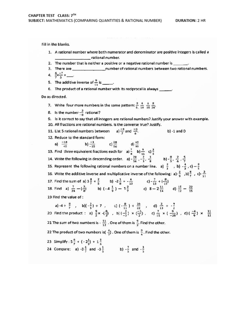 7th Grade Math Test: Comparing Quantities | PDF
