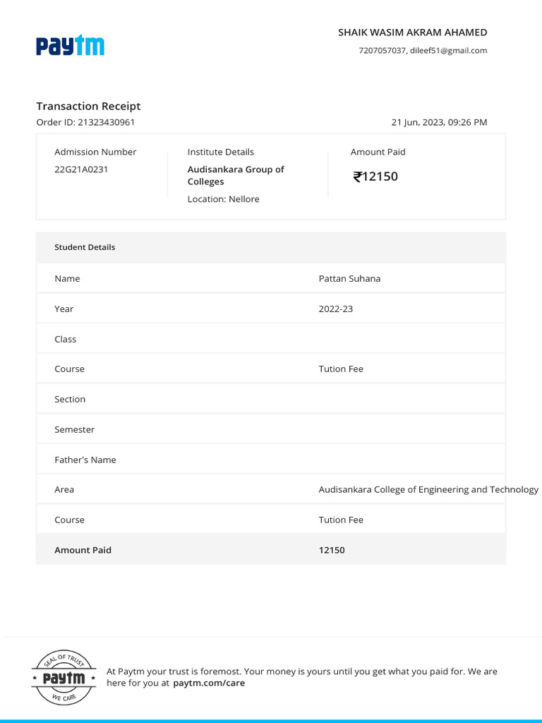 Student Fee Payment Receipt | PDF