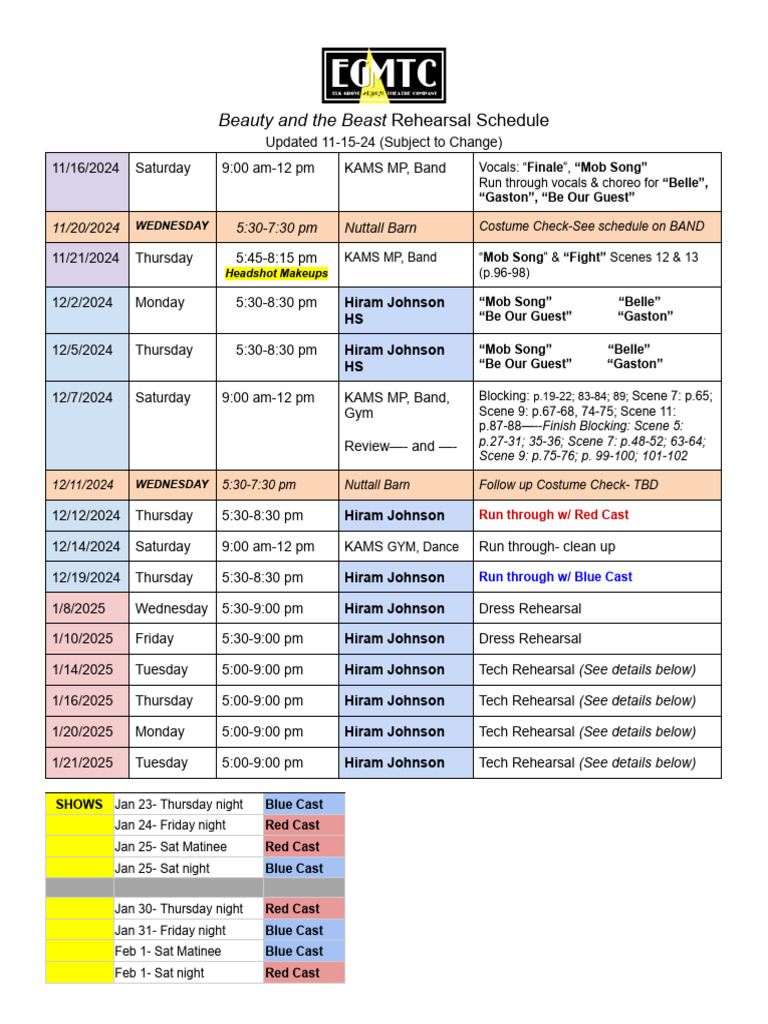 Beauty and the Beast Rehearsal Schedule | PDF