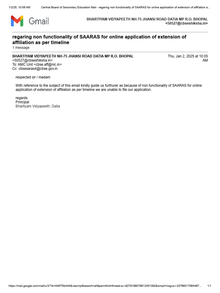 Central Board of Secondary Education Mail - Regaring Non Functionality ...